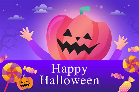 인사말 보라색 엽서 행복한 할로윈 호박 잭 아이 사탕과 유령 카드 0명에 대한 스톡 벡터 아트 및 기타 이미지 0명 10월 Film Festival Istock