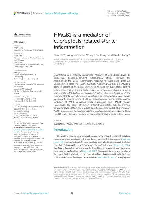 Pdf Hmgb1 Is A Mediator Of Cuproptosis Related Sterile Inflammation
