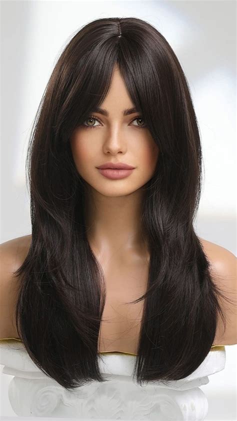 Vedar Brown Hair Wigs With Bangs Dark Brown Synthetic Wigs Straight