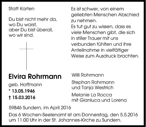 Traueranzeigen Von Elvira Rohrmann Trauer In Nrw De