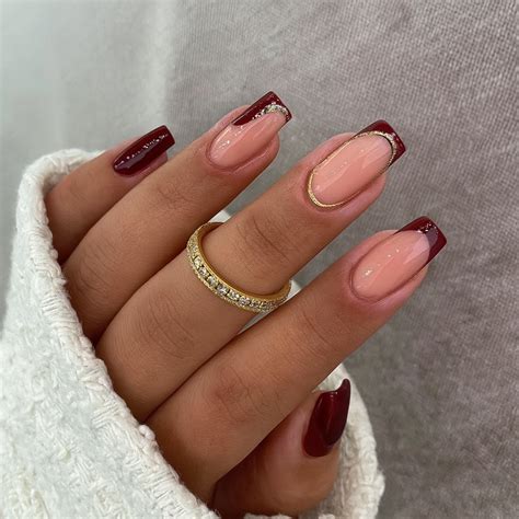 Burgundy And Gold Glam French Tip Nails 💅 Maroon Nails Square Nails