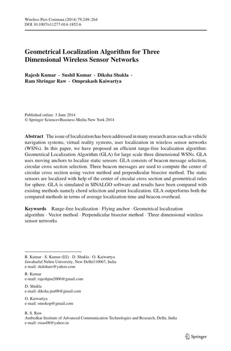 Pdf Geometrical Localization Algorithm For Three Dimensional Wireless Sensor Networks
