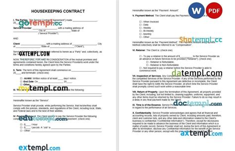 Free Housekeeping Contract Template Word And PDF Format Download At Gotempl Pro