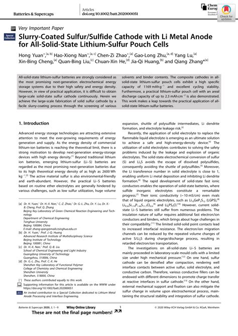 Pdf Slurry Coated Sulfursulfide Cathode With Li Metal Anode For All Solid State Lithium