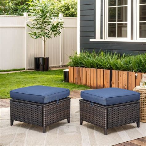 Moosprr Curved Arm Brown Wicker Outdoor Ottoman With Olefin Blue Cushions For Patio Porch 2