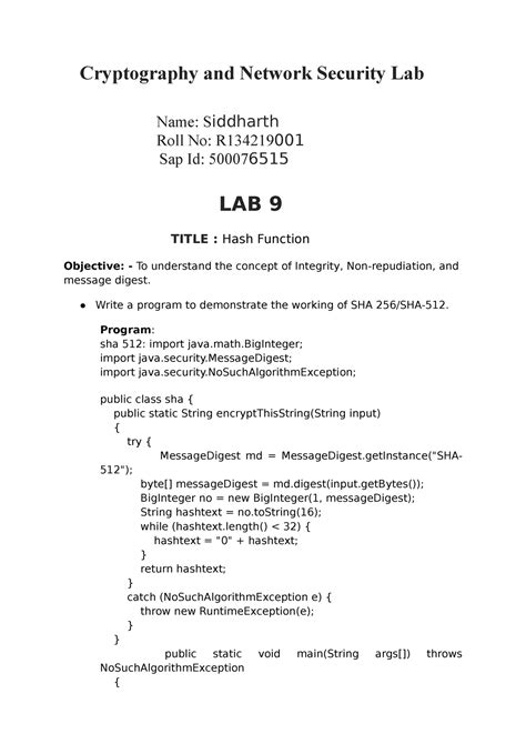 Exp 9 Lab Experiment Cryptography And Network Security Lab Name