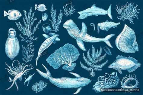 Ai创作图海洋生物插画 手绘海洋生物 水产品插画 鱼虾贝类水生物 手绘水产图形 深海海鲜插画 手绘水产 水生物图片 手账海底世界元素 手绘海底