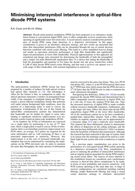 Pdf Minimising Intersymbol Interference In Optical Fibre Dicode Ppm