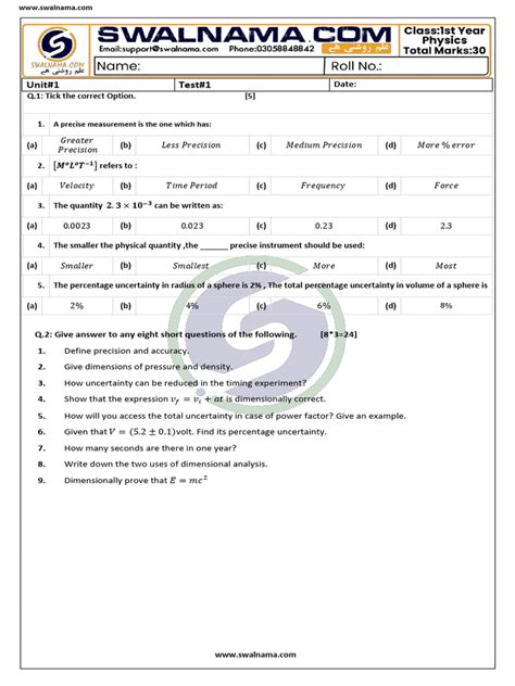 T1 Chapter Wise Test Physics Chapter 1 1st Year Pdf