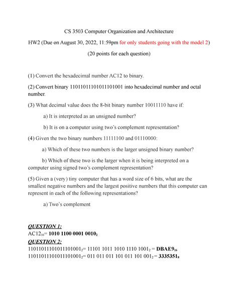hw2 note cs 3503 computer organization and architecture hw2 due on