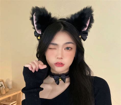 블랙만 당일출고 고양이 리본 머리띠 레이스 카라 세트