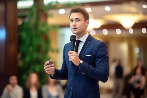 Premium Photo A Man In A Suit With A Microphone In His Hand Is Speaking