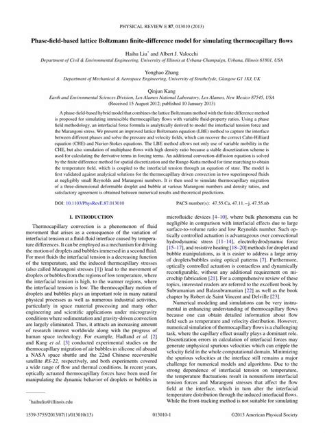 Pdf Phase Field Based Lattice Boltzmann Finite Difference Model For Simulating Thermocapillary