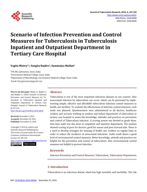 Pdf Scenario Of Infection Prevention And Control Measures For Tuberculosis In Tuberculosis