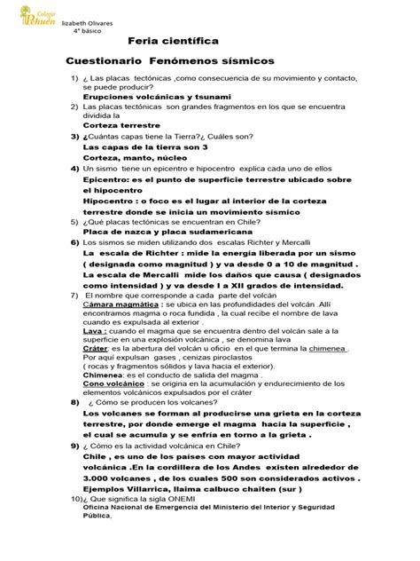 Feria Científica Ciencias 4º1 Basico Pdf Volcán Temblores