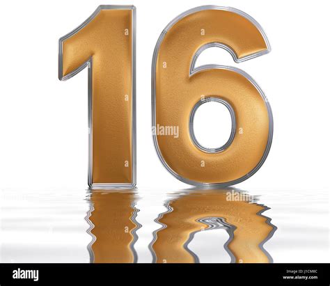 Numeral 16 Sixteen Reflected On The Water Surface Isolated On White