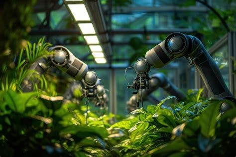 Automated Robotic Arms Tending Plants In Greenhouse Premium Ai Generated Image