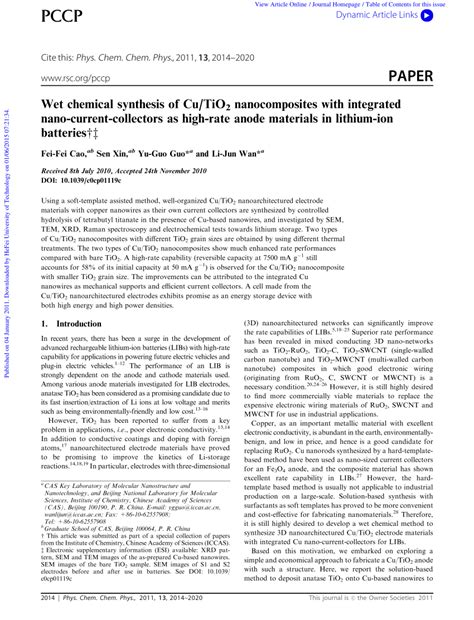 Pdf Wet Chemical Synthesis Of Cutio2 Nanocomposites With Integrated Nano Current Collectors
