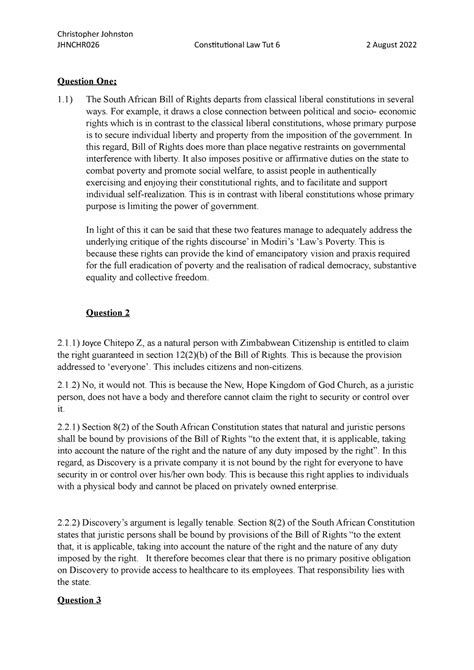 Tut 6 Tutorial For Tut 6 EXAM PREP Christopher Johnston JHNCHR026 Constitutional Law Tut 6