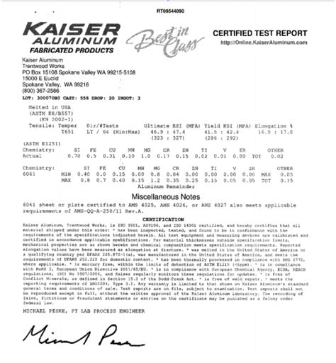 Certificate Of Material