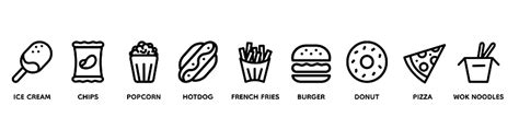패스트 푸드 벡터 아이콘은 텍스트로 설정됩니다 피자 타코 햄버거 감자튀김 팝콘 라면 핫도그 팝콘 아이스크림 칩 핫도그 도넛 검은색에 대한 스톡 벡터 아트 및 기타 이미지