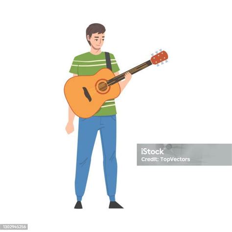 캐주얼 한 옷을 입고 십대 소년 어쿠스틱 기타를 연주 콘서트 만화 스타일 벡터 일러스트에서 수행 음악가 기타리스트 캐릭터 기타 연주자에 대한 스톡 벡터 아트 및 기타 이미지