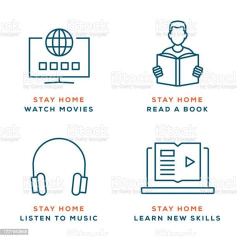 사람들은 집에 머무는다 검역 중에 영화를 보고 책을 읽고 음악을 듣고 새로운 기술을 배우십시오 코비드 19 검역 개념 0명에 대한 스톡 벡터 아트 및 기타 이미지 Istock