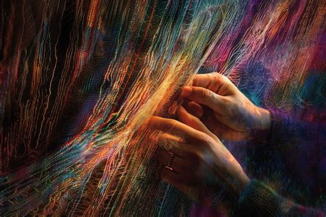 Digital Art Depicting Hands Weaving A Tapestry With Threads Of Various Textures And Colors