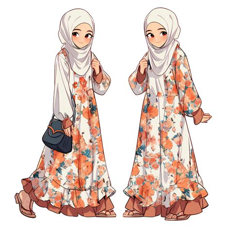Cartoon Illustration Of Cute Indonesian Girls Twins Muslim Hijab Woman