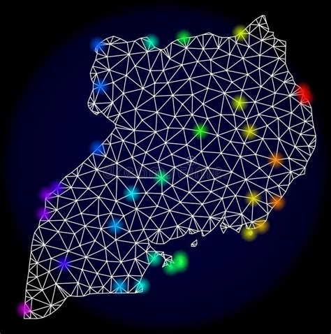 polygonal network mesh map of uganda with bright spectrum light spots
