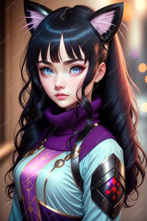 Premium Photo A Beautiful Anime Girl With Black Hair Red Eyes Cat