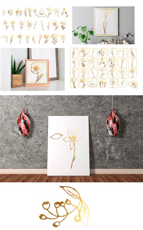 Golden Flowers Frame Clipart Twig Flower SVG PNG JPEG