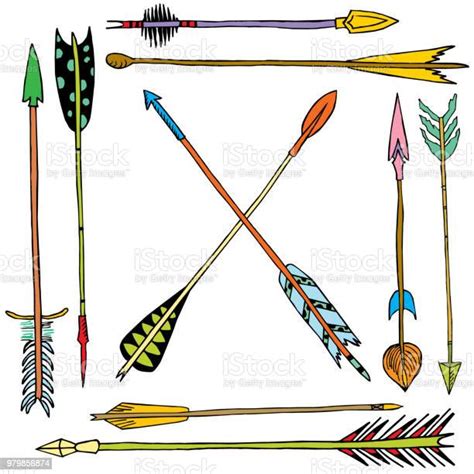 손으로 그린 디자인 소박한 장식 화살표 히피 및 Boho 스타일 벡터 일러스트 레이 션에 대 한 화살표와 함께 민족 컬렉션 전사