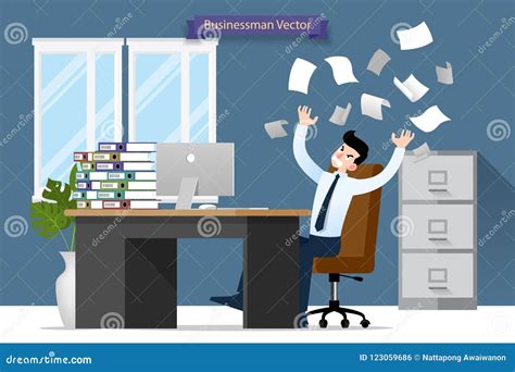 Стресс бизнесмена на столе много работой Плоский дизайн иллюстрации