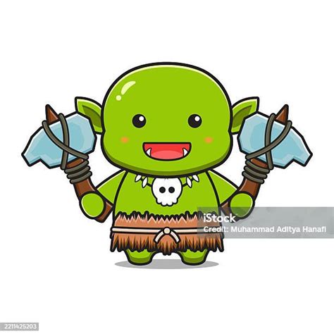 귀여운 고블린 전사 돌 도끼 만화 아이콘 그림을 들고 귀여운에 대한 스톡 벡터 아트 및 기타 이미지 귀여운 도깨비 가공의 인물 Istock