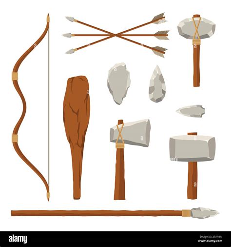 Ancient Tools Set Isolated On White Background Hunting And Military