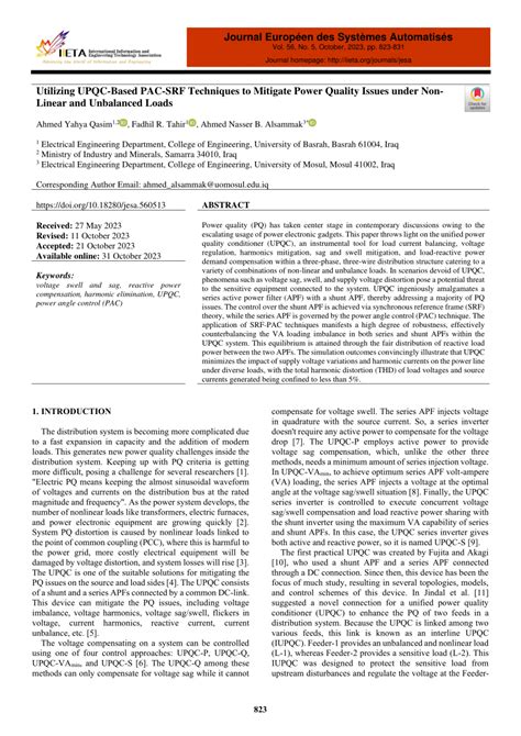 Pdf Utilizing Upqc Based Pac Srf Techniques To Mitigate Power Quality