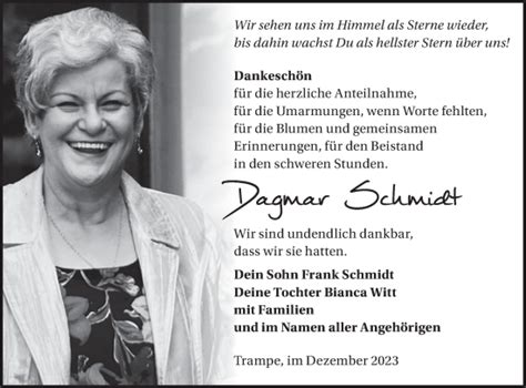 Traueranzeigen Von Dagmar Schmidt Märkische Onlinezeitung Trauerportal