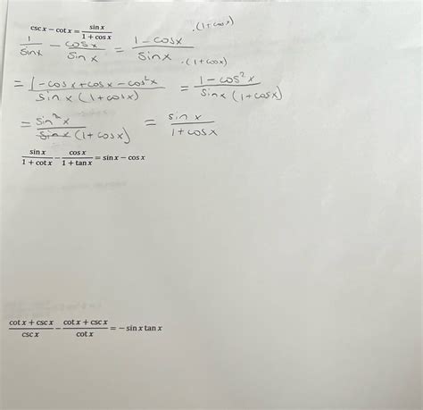 Solved Csc X Cotx Sin X It Cox 1 Cos X COSx 1 COSX Sink