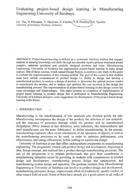 Pdf Evaluating Project Based Design Learning In Manufacturingengineering University Of Surabaya