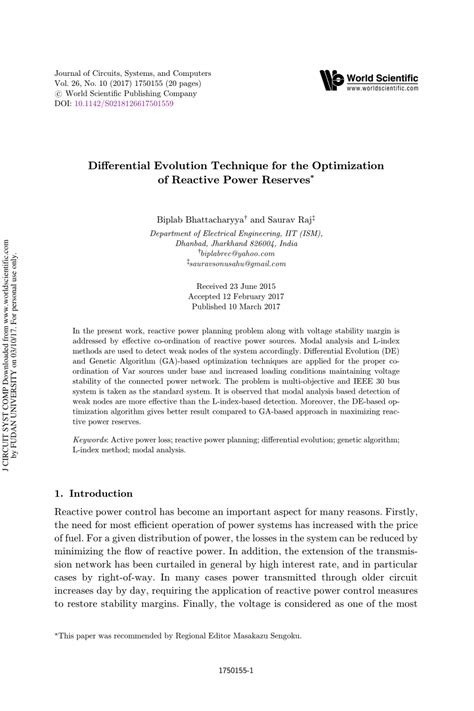 Pdf Differential Evolution Technique For The Optimization Of Reactive
