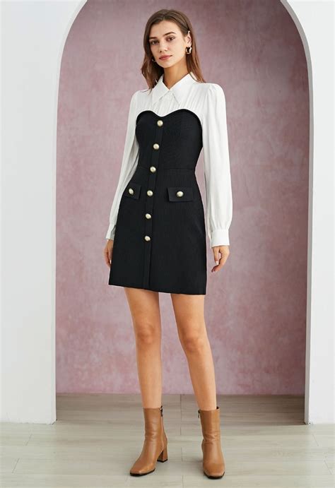 Subtle Button Bustier Spliced Knit Dress Retro Indie And Unique Fashion