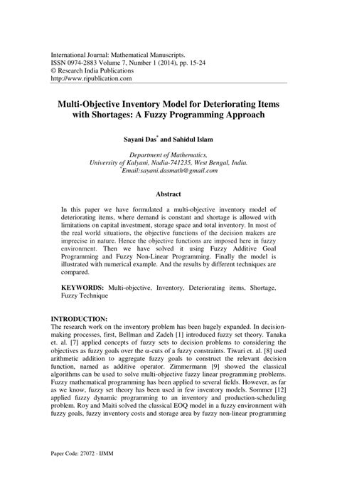 Pdf Multi Objective Inventory Model For Deteriorating Items With