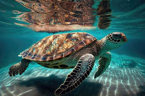 Very Old Turtle Swimming In Crystal Clear Blue Water Stock Illustration
