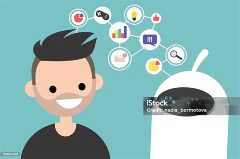 데이터 전송 개념 그림 인간과 로봇 통신 합니다 새로운 기술입니다 평면 편집 가능한 벡터 일러스트 레이 션 클립 아트 로봇에