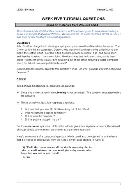 week five answers tutorial week five tutorial questions based on
