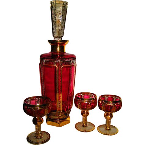 Moser Hand Blow Gold Gilt Cranberry Decanter Set With Bride And Groom