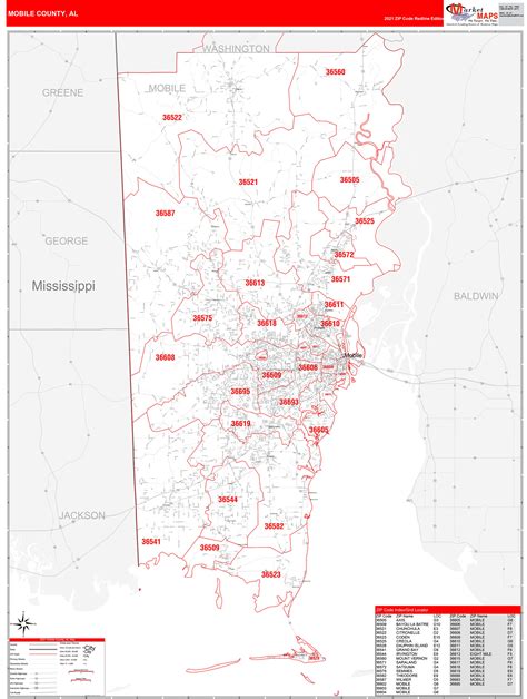 Mobile County Al Zip Code Wall Map Red Line Style By Marketmaps Mapsales