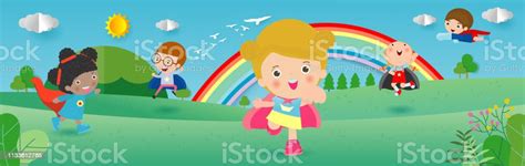 만화 의상을 입고 아이 슈퍼 히어로 수퍼 히어로 의상 세트 아이 귀여운 어린 아이 슈퍼 히어로 의상 캐릭터 흰색 배경에 고립 종이 아트 스타일 귀여운에 대한 스톡 벡터 아트