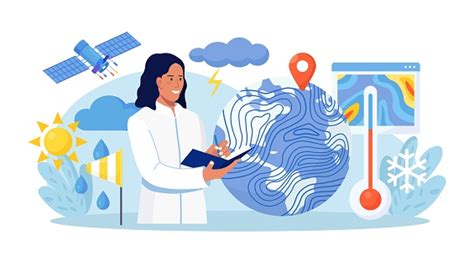 기상학 지구 물리학 기후 조건을 연구하고 연구하는 기상 학자 기상 예보관은 위성 서비스 기상 관측소 및 우주 공학으로 날씨를 예측합니다 행성 과학 건강관리와 의술에 대한